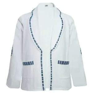 JIWYA White And Blue Khes Weave Dabu Print Cotton Jacket