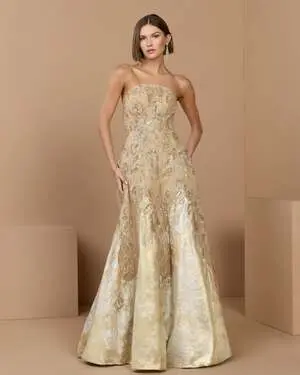 MAC DUGGAL COLLECTION Gold Strapless Embellished Brocade A-line Gown
