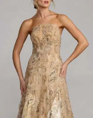 MAC DUGGAL COLLECTION Gold Strapless Embellished Brocade A-line Gown