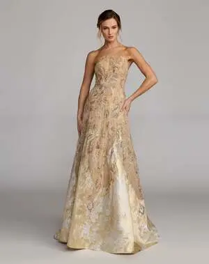 MAC DUGGAL COLLECTION Gold Strapless Embellished Brocade A-line Gown