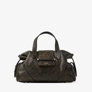 JIMMY CHOO Bar Holdall Small Black And Toffee Cracked Shiny Leather Holdall Bag - Black/toffee/silver