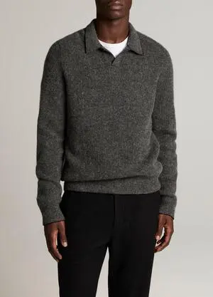 Vince Plush Cashmere Thermal Johnny-collar Sweater - Black/medium Heather Grey