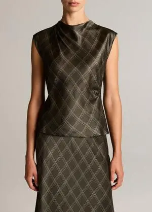 Vince Diamond Plaid Silk Draped Cowl-neck Top - Dark Moss/sage