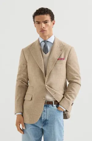 Brunello Cucinelli Comfort Wool And Cashmere Prince Of Wales Flannel Deconstructed Blazer With Large Peak Lapels - Camel