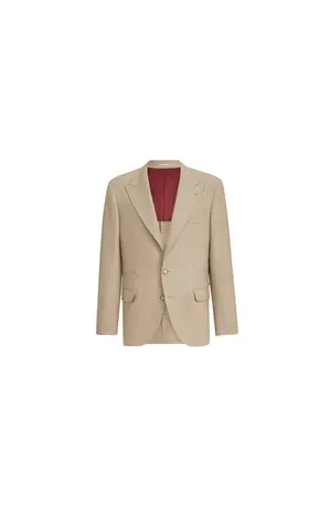 Brunello Cucinelli Comfort Wool And Cashmere Prince Of Wales Flannel Deconstructed Blazer With Large Peak Lapels - Camel