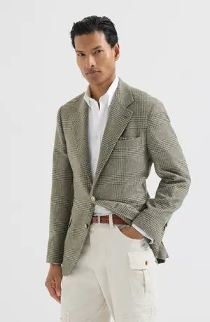 Brunello Cucinelli Comfort Wool And Cashmere Prince Of Wales Flannel Deconstructed Blazer - Military