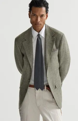 Brunello Cucinelli Comfort Wool And Cashmere Prince Of Wales Flannel Deconstructed Blazer - Military