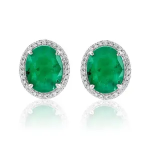 SOUZANA BY SUZY LEVIAN 14k White Gold Oval Emerald And Diamond Stud Earrings - Green