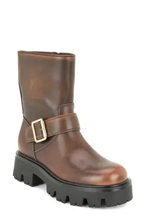 Nine West Ryder Faux Leather Moto Boots - Medium Brown