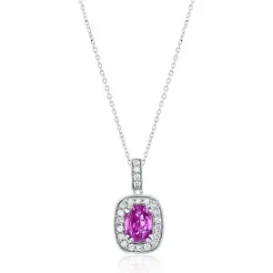 SOUZANA BY SUZY LEVIAN 14k White Gold Cushion Sapphire And Round White Diamond Halo Pendant Necklace - Pink