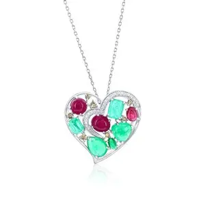 SOUZANA BY SUZY LEVIAN 18k Gold Ruby & Emerald & Diamond Cluster Heart Pendant Necklace - Green