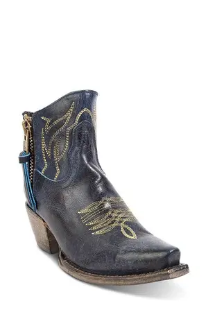 FREEBIRD Wolfie Western Bootie With Embroidery And Stacked Heel - Blue