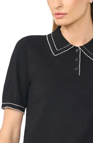CECE DUPRAZ Scalloped Trim Short Sleeve Polo Sweater - Rich Black