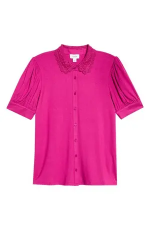 CECE DUPRAZ Scalloped Lace Collar Short Sleeve Shirt Wild Petunia
