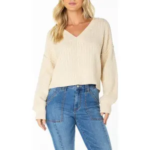 Roxy Study Hall V-neck Cotton Blend Sweater - Parchment