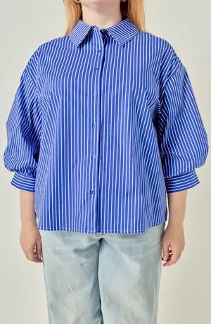 English Factory Striped Balloon Sleeve Shirt - Cobalt