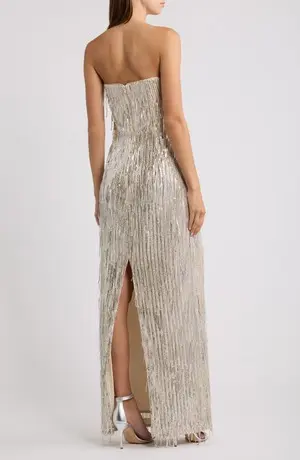 Eliza J Strapless Fringe Sequin Gown