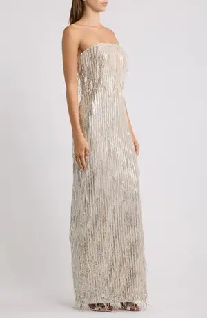 Eliza J Strapless Fringe Sequin Gown