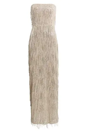 Eliza J Strapless Fringe Sequin Gown