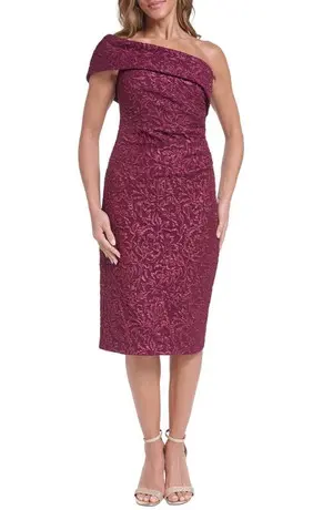 Eliza J Metallic Floral Jacquard One-shoulder Cocktail Sheath Dress - Wine