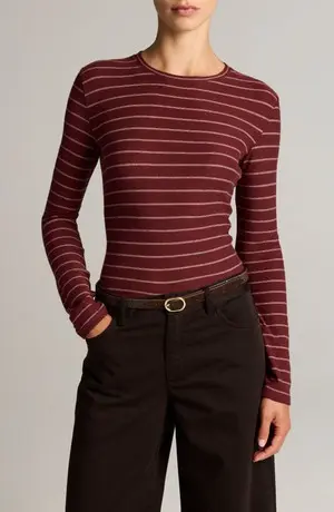 Vince Striped Long Sleeve Cotton Crewneck Top - Black Rose Combo