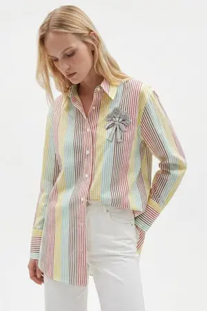 EXQUISE Long Sleeve Embroidered Shirt - Multi Color
