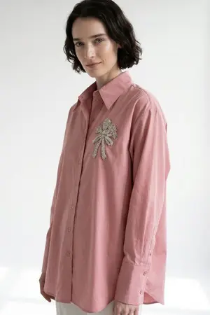 EXQUISE Fauve Long Sleeve Embroidered Cuffed Shirt