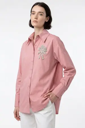EXQUISE Fauve Long Sleeve Embroidered Cuffed Shirt