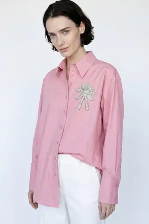 EXQUISE Fauve Long Sleeve Embroidered Cuffed Shirt