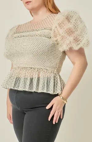English Factory Polka Dot Smocked Puff Sleeve Top