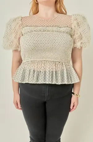 English Factory Polka Dot Smocked Puff Sleeve Top