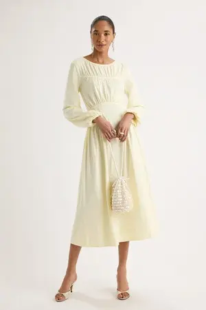 Merlette Nayeli Dress Tea Length Cotton Jersey Boatneck With Balloon Sleeves