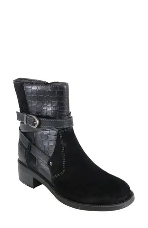 DAVID TATE Spenser Bootie With Croc Embossed Paneling And Buckled Straps - Black Leather