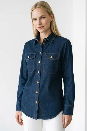EXQUISE Duwayne Long Sleeve Snap Button Denim Shirt - Navy