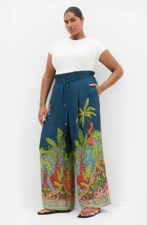 City Chic Print Pleated Wide Leg Pants