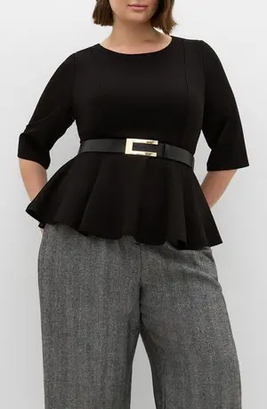 City Chic Paige Belted Peplum Top - Black