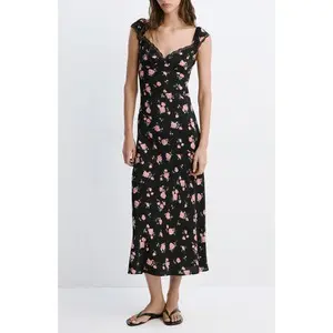 Mango Floral Lace Trim Midi Dress - Black