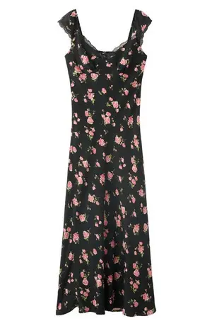 Mango Floral Lace Trim Midi Dress
