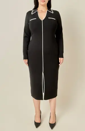 Endless Rose Tipped Long Sleeve Sweater Shirtdress - Black