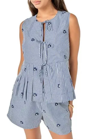 English Factory Bow Detail Gingham Embroidered Peplum Top - Navy