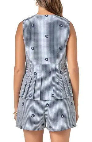 English Factory Bow Detail Gingham Embroidered Peplum Top
