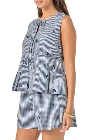 English Factory Bow Detail Gingham Embroidered Peplum Top