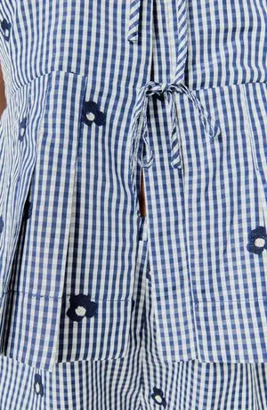 English Factory Bow Detail Gingham Embroidered Peplum Top