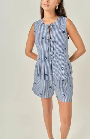 English Factory Bow Detail Gingham Embroidered Peplum Top