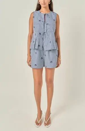 English Factory Gingham Embroidered Peplum Top With Bow Detail