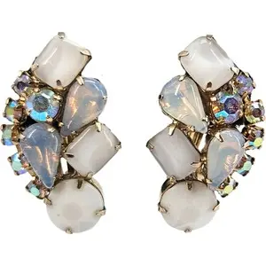 MADISON BEVERLY HILLS Vintage Clip Milk Glass And Aurora Borealis Rhinestone Earrings - Gold