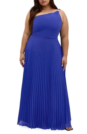 City Chic One-shoulder Pleated Maxi Dress With Metallic Detail - Deep Ocean