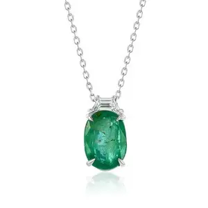 SOUZANA BY SUZY LEVIAN 14k White Gold 2.69cttw Oval-cut Emerald & 0.12cttw Trapezoid-cut White Diamond Pendant Necklace - Green