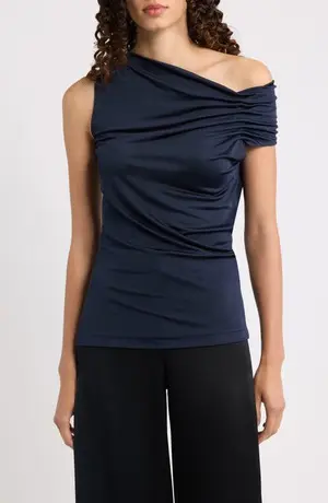 BOSS Asymmetrical Ruched Off-the-shoulder Jersey Top - Sky Captain