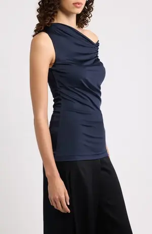 BOSS Asymmetrical Ruched Off-the-shoulder Jersey Top - Sky Captain